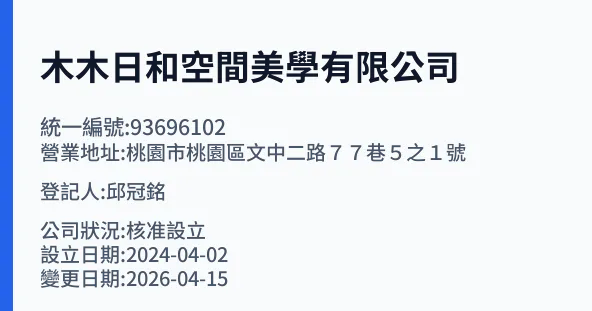 木木日和空間美學有限公司的照片-統編 93696102(桃園市) 公司登記資料與營業項目詳細圖表
