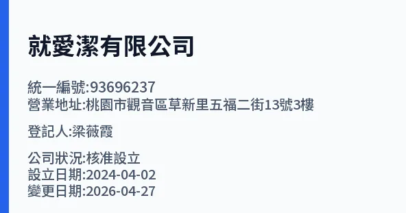 就愛潔有限公司的照片-統編 93696237(桃園市) 公司登記資料與營業項目詳細圖表