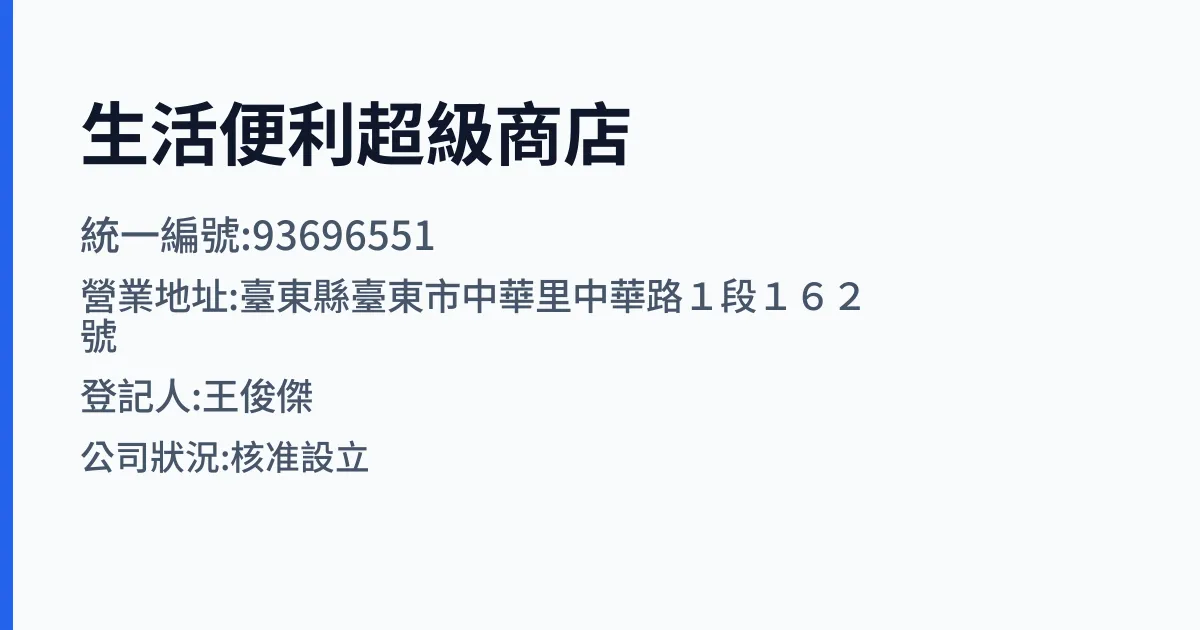 生活便利超級商店 - 統編 93696551(臺東縣) 公司登記資料與營業項目詳細圖表