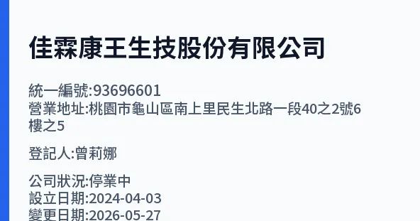佳霖康王生技股份有限公司的照片-統編 93696601(桃園市) 公司登記資料與營業項目詳細圖表