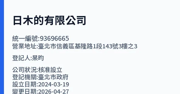 日木的有限公司的照片-統編 93696665(臺北市) 公司登記資料與營業項目詳細圖表