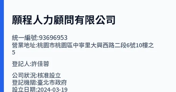 願程人力顧問有限公司的照片-統編 93696953(桃園市) 公司登記資料與營業項目詳細圖表