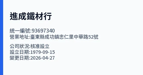 進成鐵材行的照片-統編 93697340(臺東縣) 公司登記資料與營業項目詳細圖表