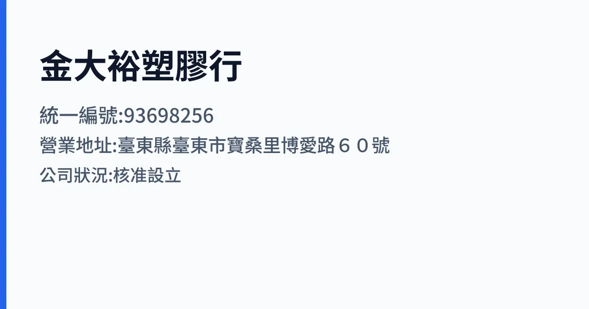 金大裕塑膠行 - 統編 93698256(臺東縣) 公司登記資料與營業項目詳細圖表