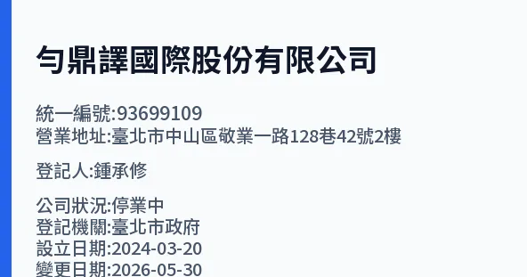 勻鼎譯國際股份有限公司的照片-統編 93699109(臺北市) 公司登記資料與營業項目詳細圖表