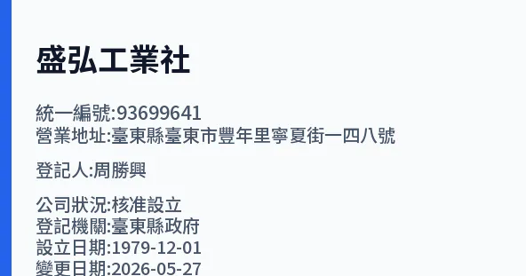 盛弘工業社的照片-統編 93699641(臺東縣) 公司登記資料與營業項目詳細圖表