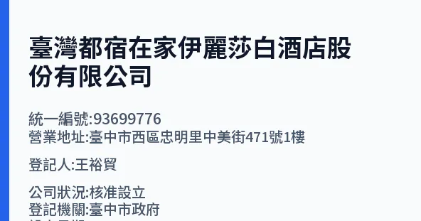 臺灣都宿在家伊麗莎白酒店股份有限公司的照片-統編 93699776(臺中市) 公司登記資料與營業項目詳細圖表