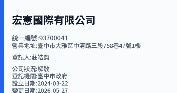 宏憲國際有限公司的照片-統編 93700041(臺中市) 公司登記資料與營業項目詳細圖表