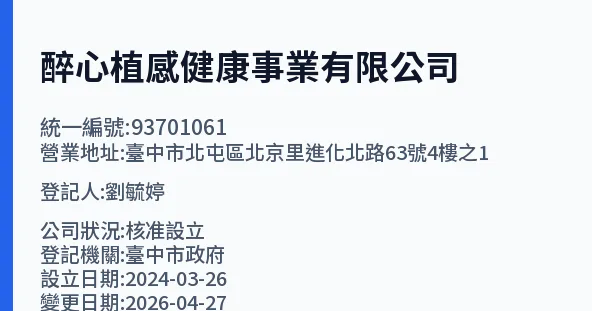 醉心植感健康事業有限公司的照片-統編 93701061(臺中市) 公司登記資料與營業項目詳細圖表