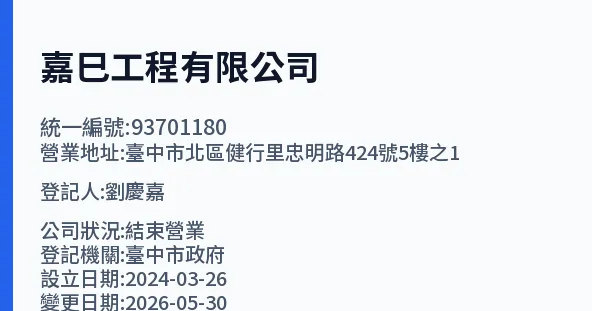 嘉巳工程有限公司的照片-統編 93701180(臺中市) 公司登記資料與營業項目詳細圖表