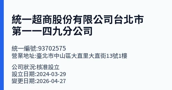 統一超商股份有限公司台北市第一一四九分公司的照片-統編 93702575(臺北市) 公司登記資料與營業項目詳細圖表