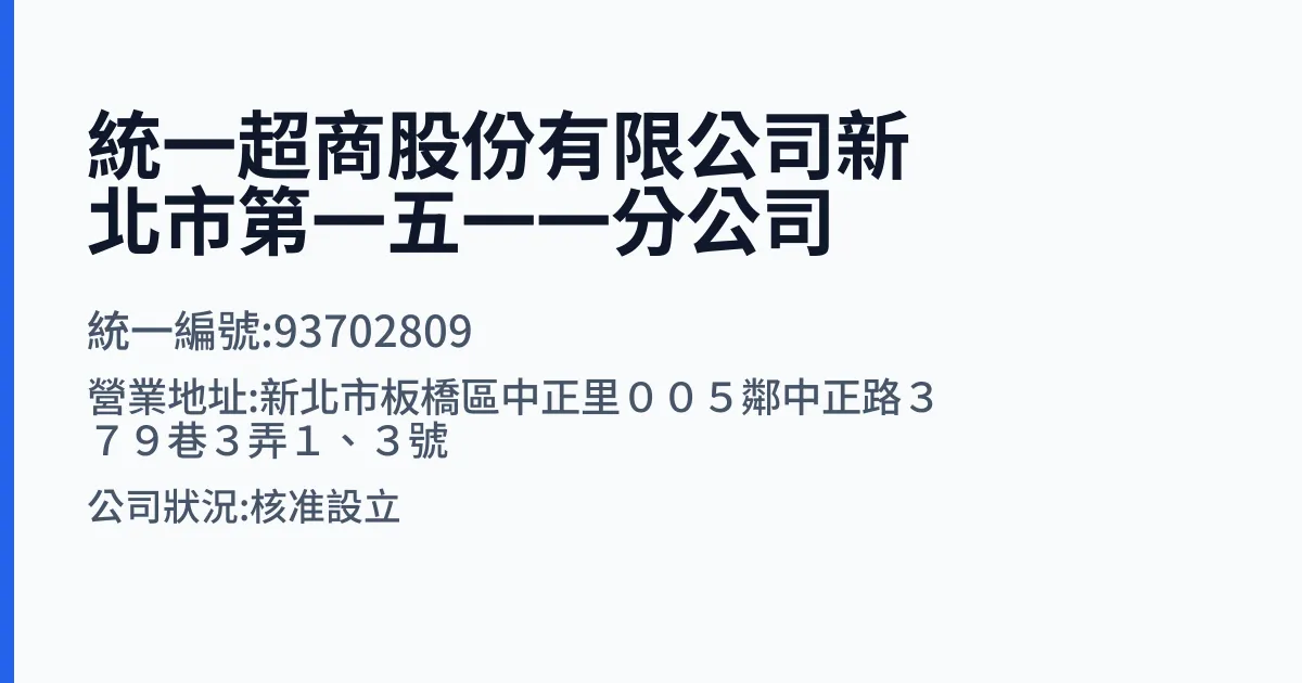 統一超商股份有限公司新北市第一五一一分公司 - 統編 93702809(新北市) 公司登記資料與營業項目詳細圖表