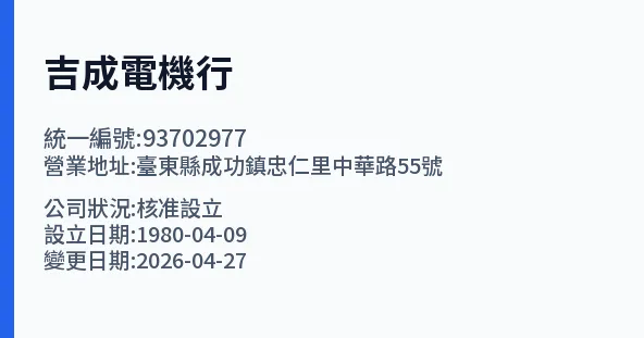 吉成電機行的照片-統編 93702977(臺東縣) 公司登記資料與營業項目詳細圖表