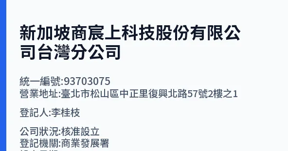 新加坡商宸上科技股份有限公司台灣分公司的照片-統編 93703075(臺北市) 公司登記資料與營業項目詳細圖表