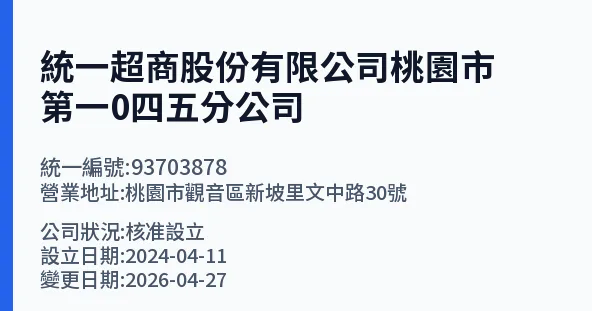 統一超商股份有限公司桃園市第一0四五分公司的照片-統編 93703878(桃園市) 公司登記資料與營業項目詳細圖表