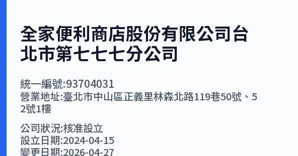 全家便利商店股份有限公司台北市第七七七分公司的照片-統編 93704031(臺北市) 公司登記資料與營業項目詳細圖表