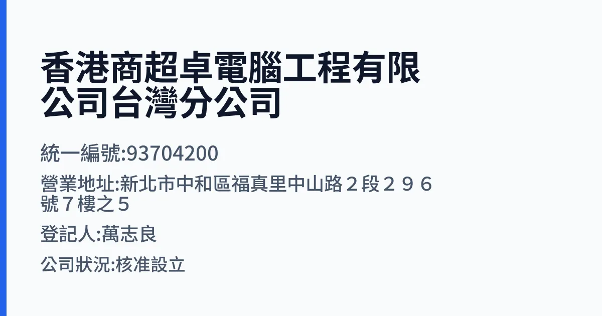 香港商超卓電腦工程有限公司台灣分公司 - 統編 93704200(新北市) 公司登記資料與營業項目詳細圖表