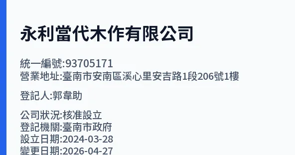 永利當代木作有限公司的照片-統編 93705171(臺南市) 公司登記資料與營業項目詳細圖表