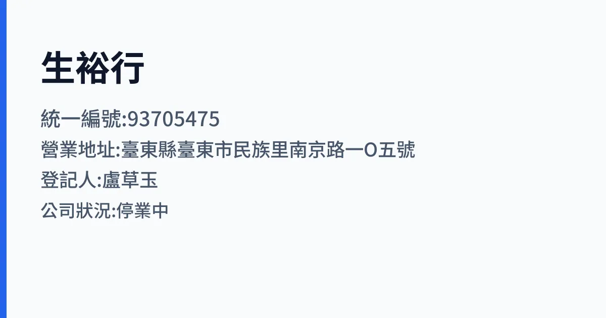 生裕行 - 統編 93705475(臺東縣) 公司登記資料與營業項目詳細圖表