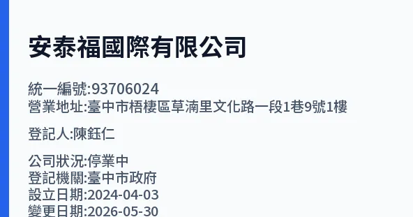 安泰福國際有限公司的照片-統編 93706024(臺中市) 公司登記資料與營業項目詳細圖表