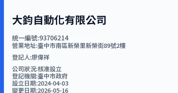 大鈞自動化有限公司的照片-統編 93706214(臺中市) 公司登記資料與營業項目詳細圖表