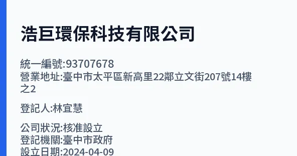 浩巨環保科技有限公司的照片-統編 93707678(臺中市) 公司登記資料與營業項目詳細圖表