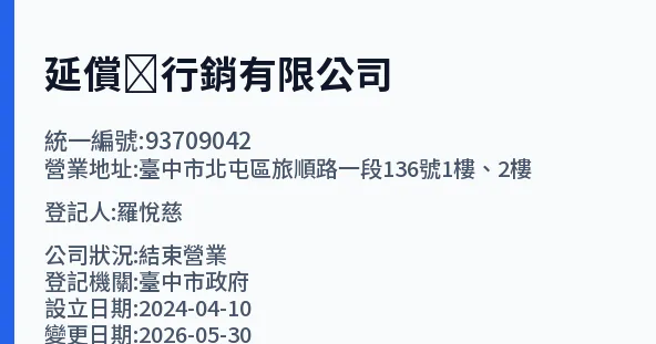 延償臽行銷有限公司的照片-統編 93709042(臺中市) 公司登記資料與營業項目詳細圖表