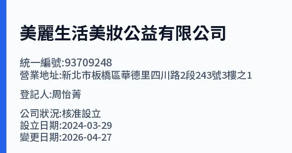 美麗生活美妝公益有限公司的照片-統編 93709248(新北市) 公司登記資料與營業項目詳細圖表