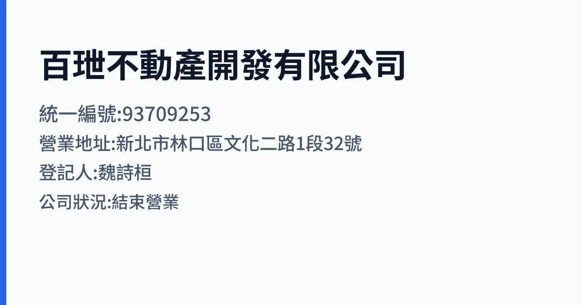 百玴不動產開發有限公司 - 統編 93709253(新北市) 公司登記資料與營業項目詳細圖表