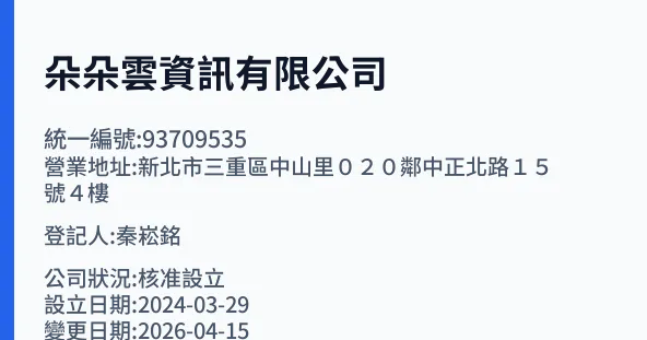 朵朵雲資訊有限公司的照片-統編 93709535(新北市) 公司登記資料與營業項目詳細圖表