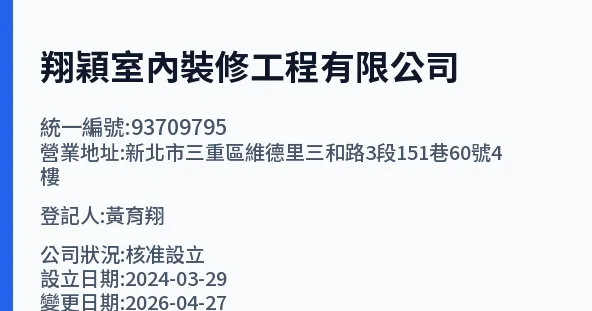 翔穎室內裝修工程有限公司的照片-統編 93709795(新北市) 公司登記資料與營業項目詳細圖表