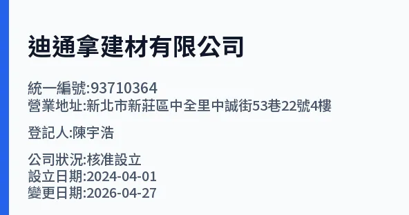 迪通拿建材有限公司的照片-統編 93710364(新北市) 公司登記資料與營業項目詳細圖表