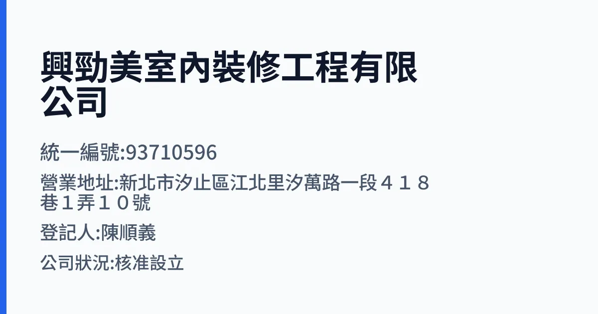 興勁美室內裝修工程有限公司 - 統編 93710596(新北市) 公司登記資料與營業項目詳細圖表