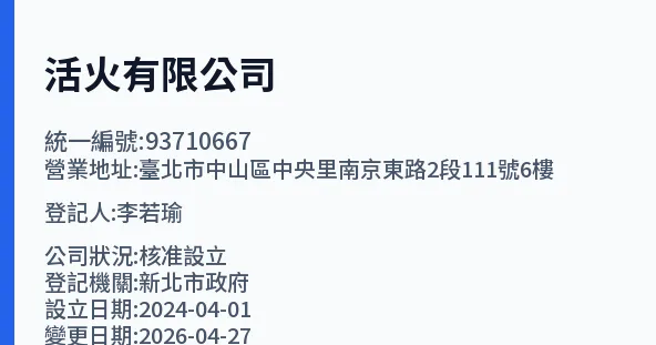 活火有限公司的照片-統編 93710667(臺北市) 公司登記資料與營業項目詳細圖表