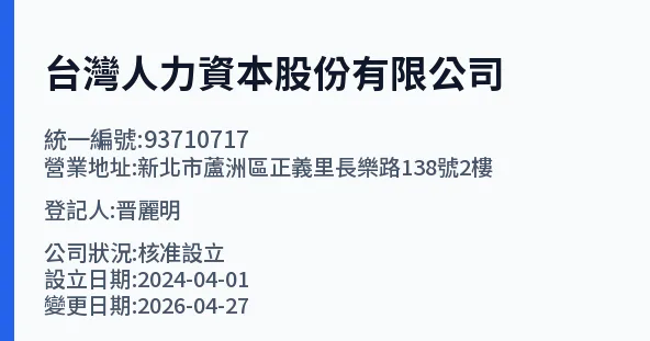 台灣人力資本股份有限公司的照片-統編 93710717(新北市) 公司登記資料與營業項目詳細圖表