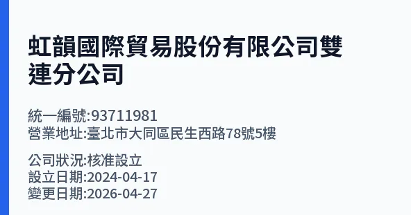 虹韻國際貿易股份有限公司雙連分公司的照片-統編 93711981(臺北市) 公司登記資料與營業項目詳細圖表