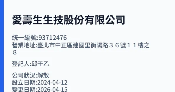 愛壽生生技股份有限公司的照片-統編 93712476(臺北市) 公司登記資料與營業項目詳細圖表