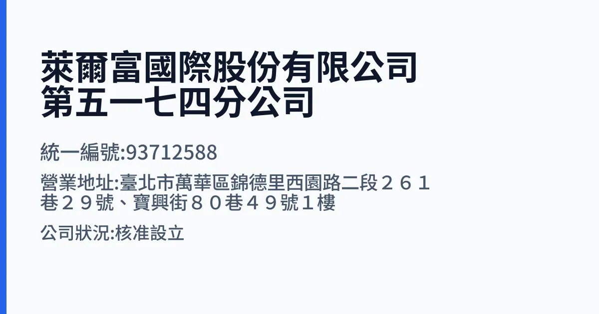 萊爾富國際股份有限公司第五一七四分公司 - 統編 93712588(臺北市) 公司登記資料與營業項目詳細圖表