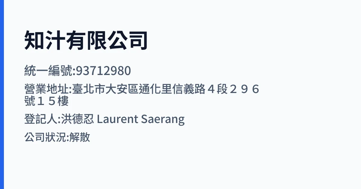 知汁有限公司 - 統編 93712980(臺北市) 公司登記資料與營業項目詳細圖表