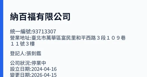 納百福有限公司的照片-統編 93713307(臺北市) 公司登記資料與營業項目詳細圖表