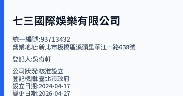 七三國際娛樂有限公司的照片-統編 93713432(新北市) 公司登記資料與營業項目詳細圖表