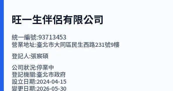 旺一生伴侶有限公司的照片-統編 93713453(臺北市) 公司登記資料與營業項目詳細圖表