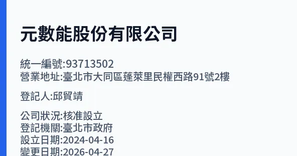 元數能股份有限公司的照片-統編 93713502(臺北市) 公司登記資料與營業項目詳細圖表