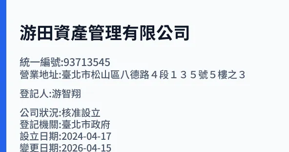 游田資產管理有限公司的照片-統編 93713545(臺北市) 公司登記資料與營業項目詳細圖表