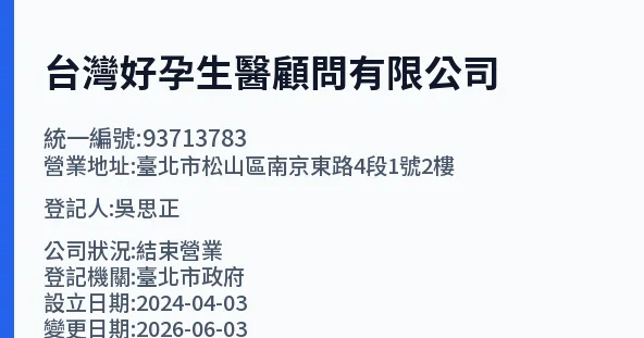 台灣好孕生醫顧問有限公司的照片-統編 93713783(臺北市) 公司登記資料與營業項目詳細圖表