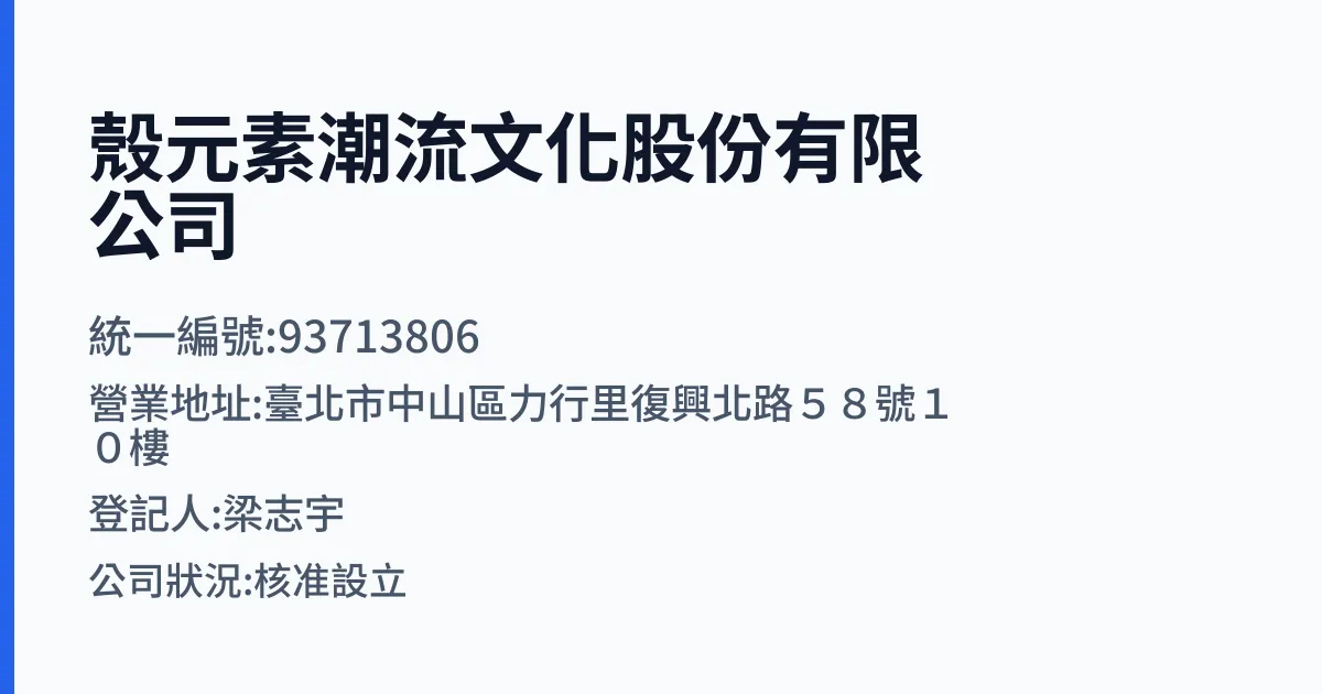 殼元素潮流文化股份有限公司 - 統編 93713806（臺北市） 公司登記資料與營業項目詳細圖表