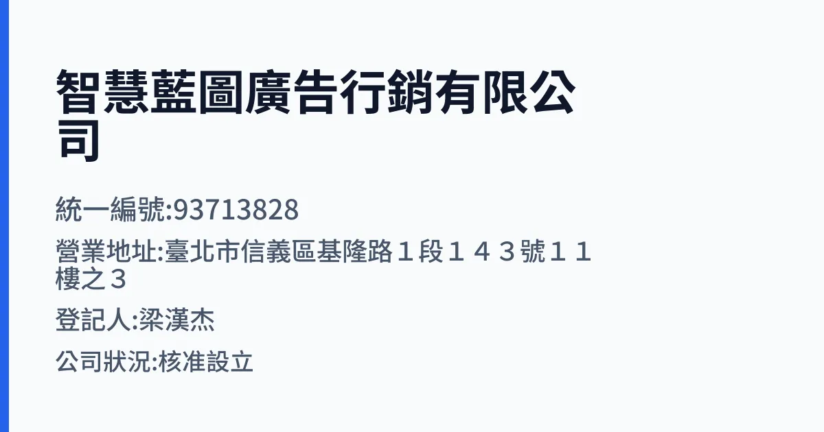 智慧藍圖廣告行銷有限公司 - 統編 93713828(臺北市) 公司登記資料與營業項目詳細圖表