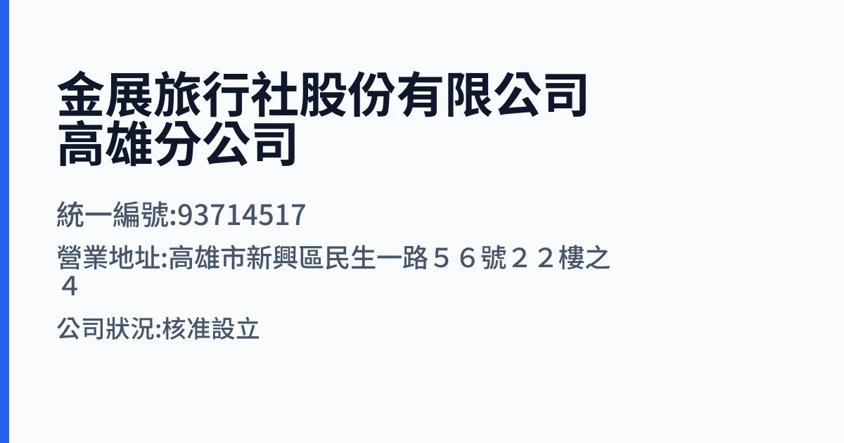 金展旅行社股份有限公司高雄分公司 - 統編 93714517(高雄市) 公司登記資料與營業項目詳細圖表