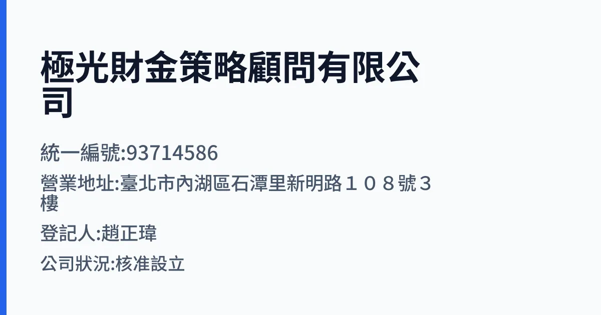 極光財金策略顧問有限公司 - 統編 93714586(臺北市) 公司登記資料與營業項目詳細圖表