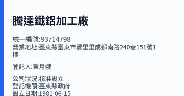 騰達鐵鋁加工廠的照片-統編 93714798(臺東縣) 公司登記資料與營業項目詳細圖表